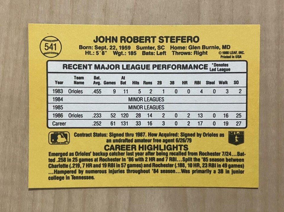 JOHN STEFERO BALTIMORE ORIOLES SIGNED AUTOGRAPHED 1987 DONRUSS CARD ...
