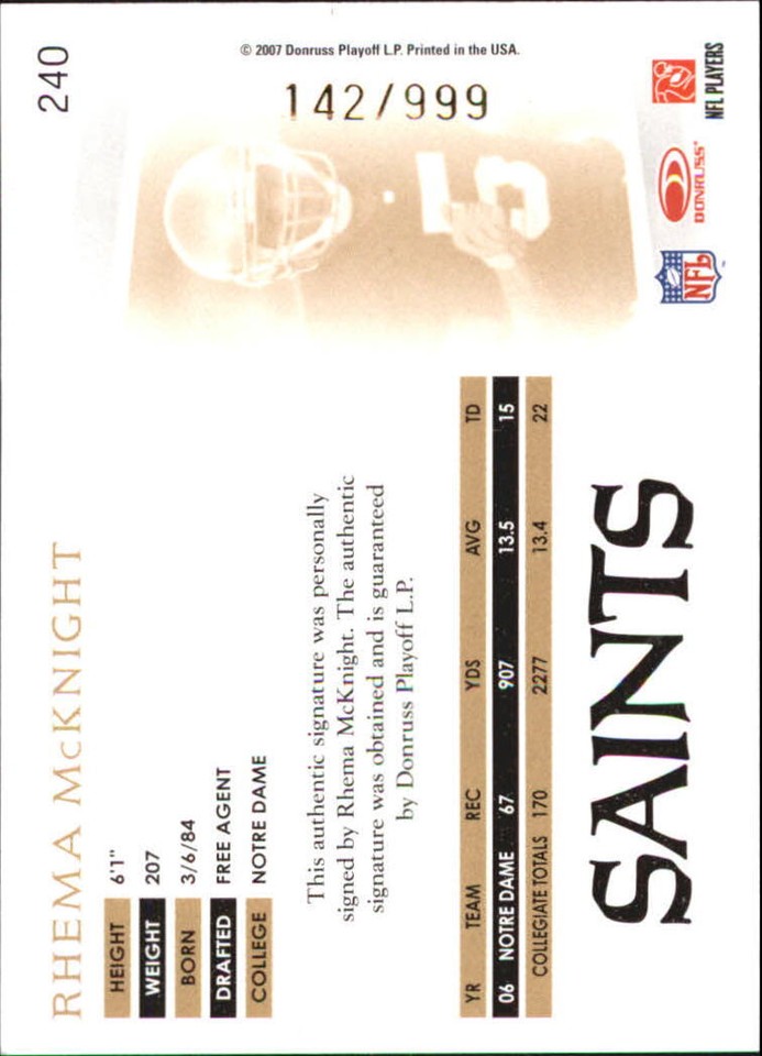 2007 Donruss Thread Football Card #240 Rhema McKnight Rookie | eBay