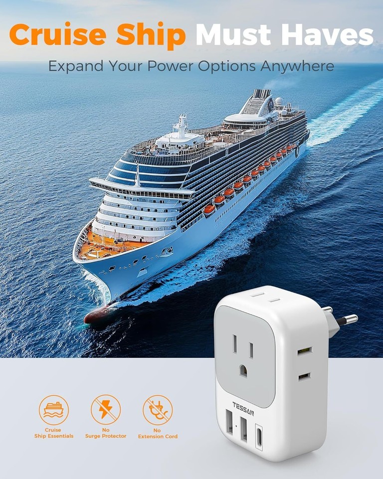 European Travel Plug Adapter with 4 AC Outlets 3 USB Ports Type C for ...