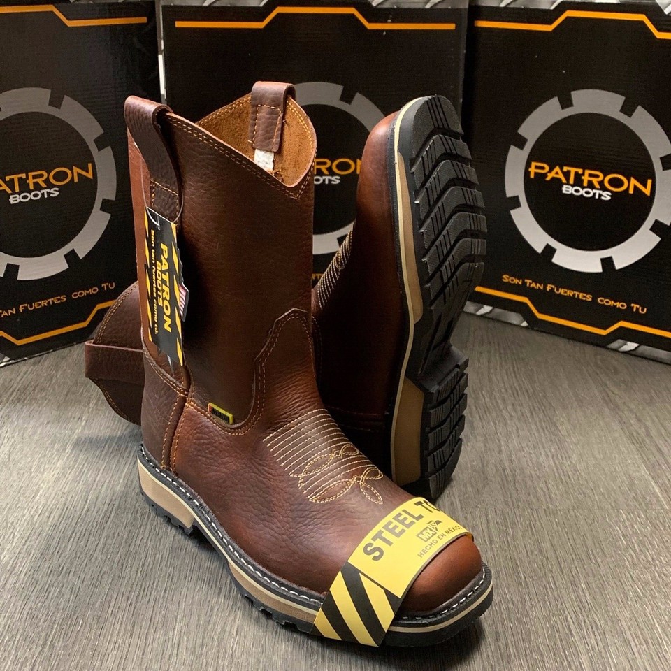 MEN'S SQUARE STEEL TOE WORK BOOTS GENUINE SOFT LEATHER COWBOY PULL ON ...