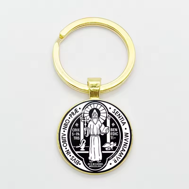 Saint Benedict Medallion Keychain Pendant Catholic S. Benito Glass Dome ...