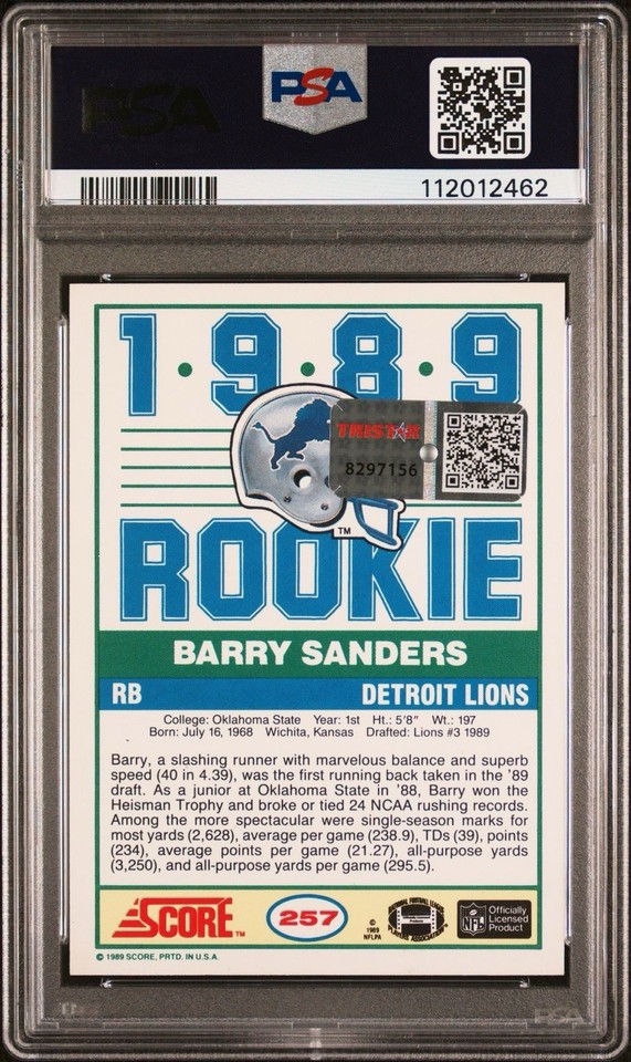 🔥🟦Barry Sanders🟦🔥 1989 Score #257 Rookie RC Signed PSA DNA 8 NM-MT 10 ...