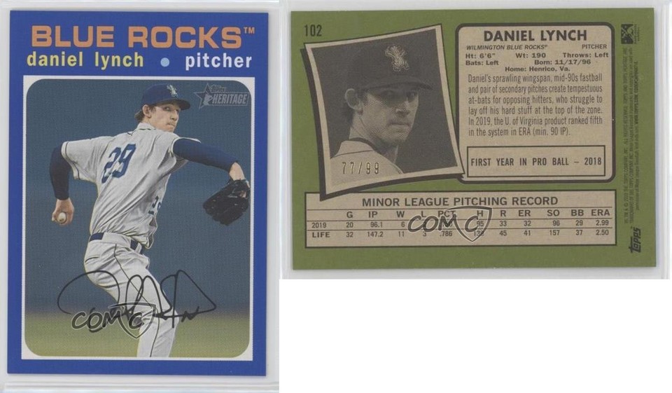 2020 Topps Heritage Minor League Edition Blue 77/99 Daniel Lynch #102 ...