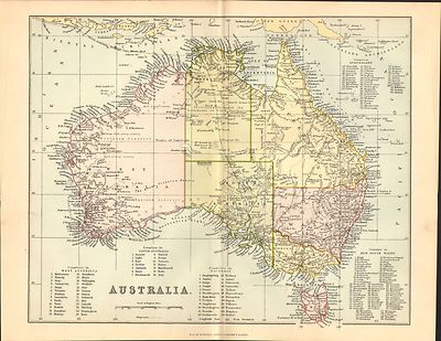 1868 PRINT ~ MAP of AUSTRALIA WITH LISTS OF ALL STATE COUNTIES | eBay UK