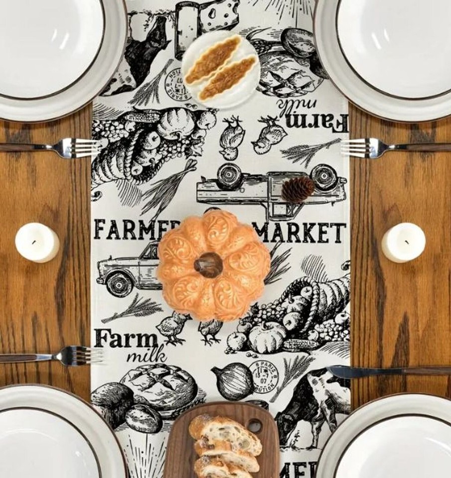 Table Runner 13x90in Country Farm Milk Cows Chickens off white and ...