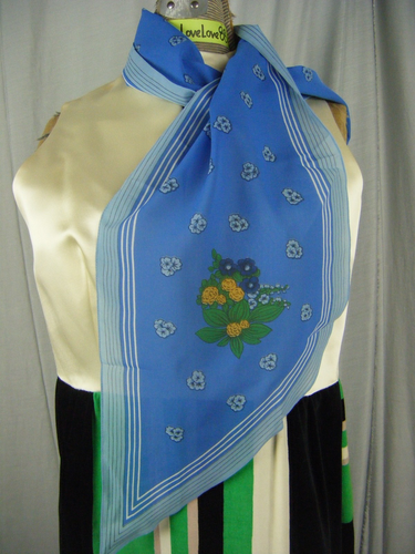 MARY QUANT Vtg 60-70s Blue Yellow Floral Silk Pointed Scarf- 14" x 48 ...