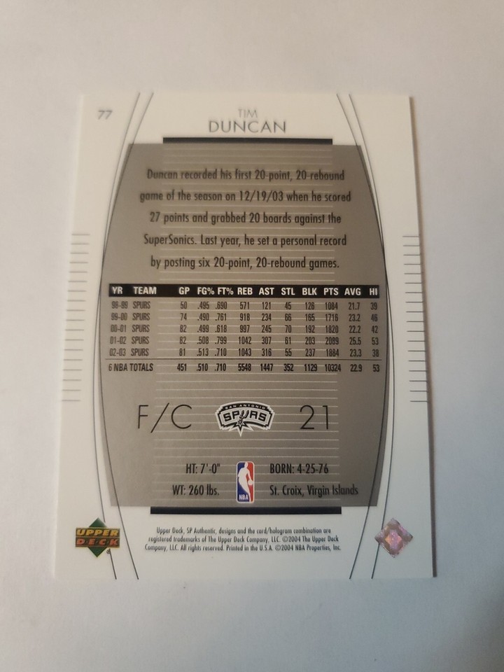 2003-04 SP Authentic Tim Duncan #77 HOF | eBay