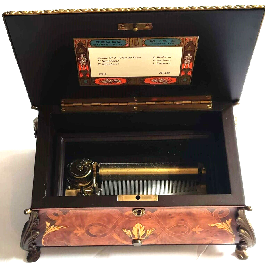 Reuge Music Box 72 Note 3 Tunes Luxury Wood Bronze 9.5x6.5 Beethoven 5 ...