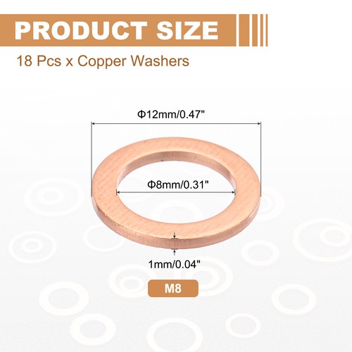 18PCS M8 Copper Washers, M8x12x1mm Copper Crush Washer Metric Flat ...