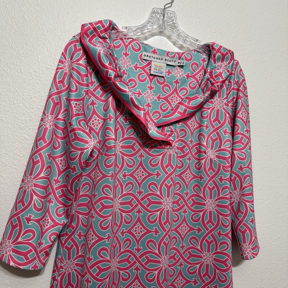 Gretchen Scott Ruffle Neck 3/4 Sleeve Aqua & Pink Shift Dress Womens ...