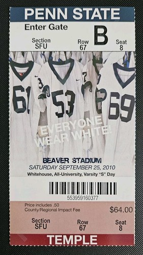 Penn State Nittany Lions Temple Owls Football Ticket 9/25 2010 Michael ...