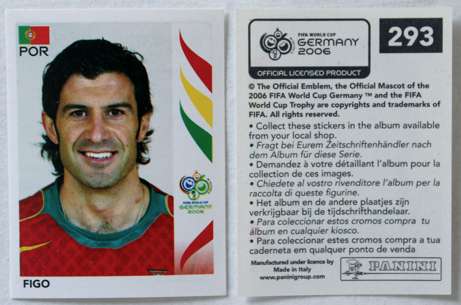 Panini Soccer Sticker Card Luis Figo #293 World Cup Germany 2006 Rare ...