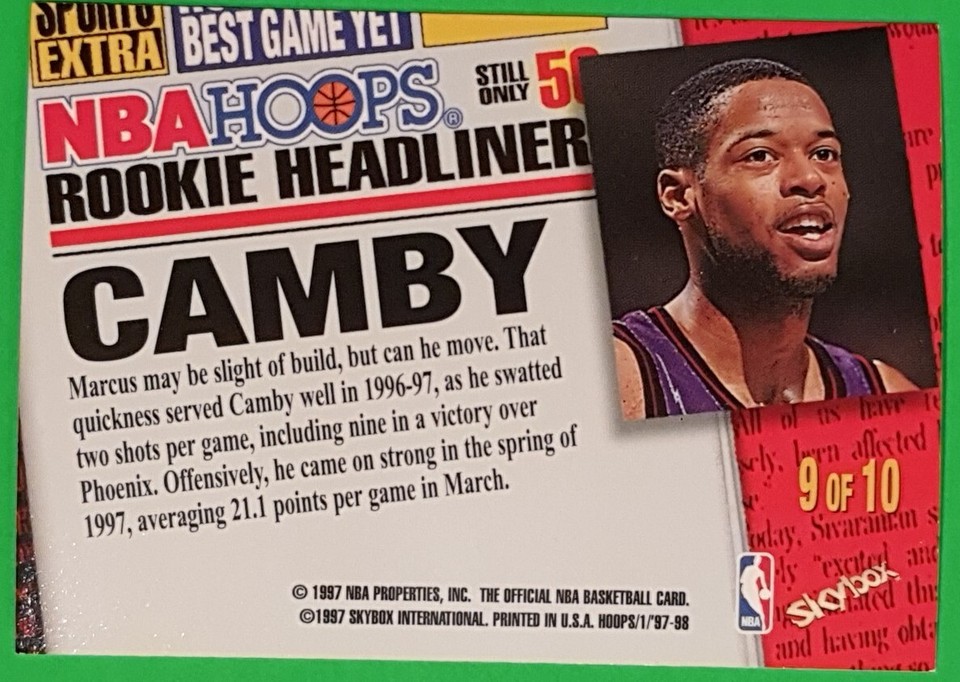 1997-98 NBA Hoops Rookie Headliner Insert Card #9 MARCUS CAMBY Raptors ...