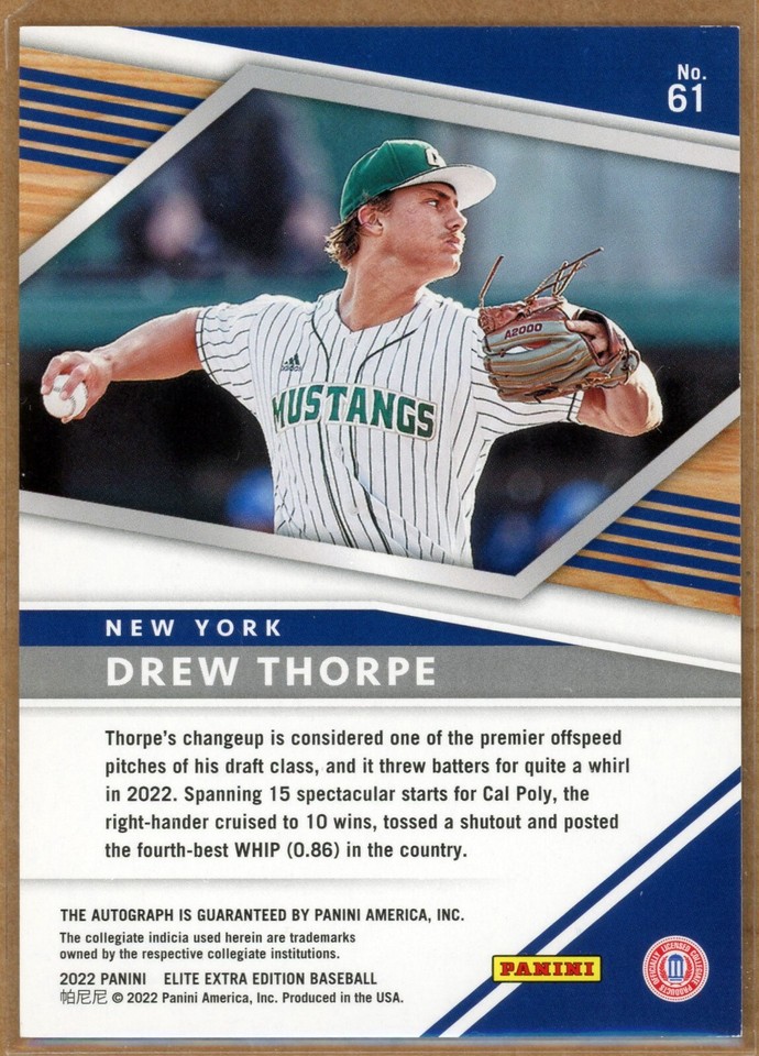 2022 Panini Elite Extra Edition - #61 Drew Thorpe Auto New York Yankees ...
