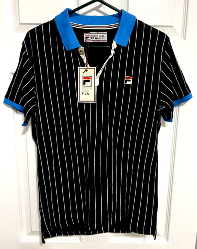 FILA Men Vintage Retro Snap Polo Shirt Navy Blue Vertical Stripes S NEW ...
