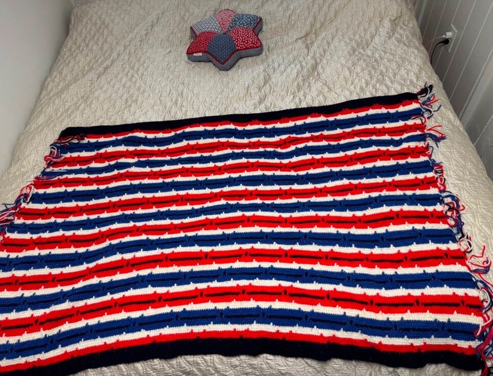 Vintage Crochet Afghan Handmade Patriotic Blanket Red White Blue ...