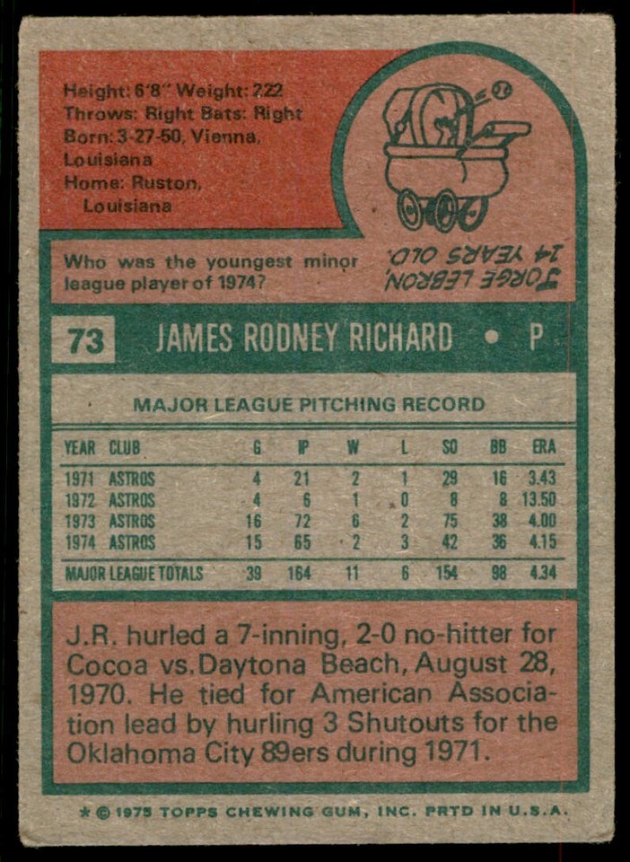 1975 Topps Baseball Card J.R. Richard Houston Astros #73 | eBay