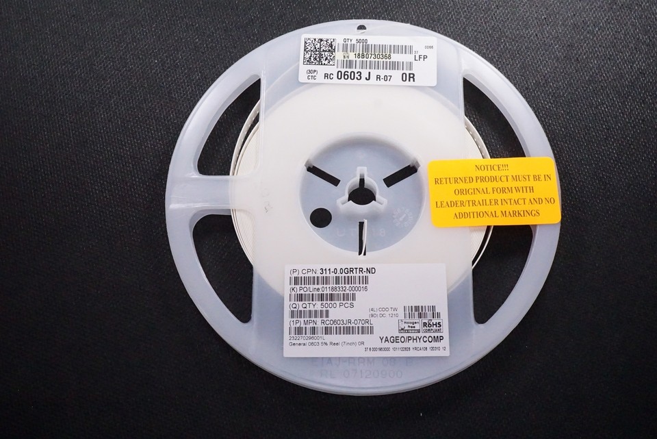 Lot of 950 RC0603JR-070RL Yageo Resistor Jumper 0 Ohm 5% 1/10W 75V SMT ...