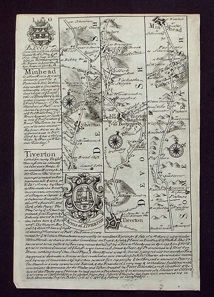 DARTMOUTH, EXETER, TIVERTON, MINEHEAD, original antique road map, Bowen ...