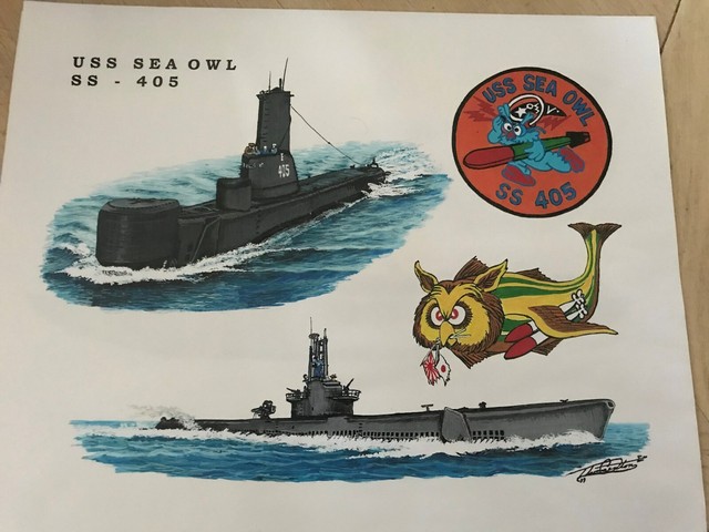 USS Sea Owl SS 405 Artist's Rendition (print) of Submarine & Insignia ...