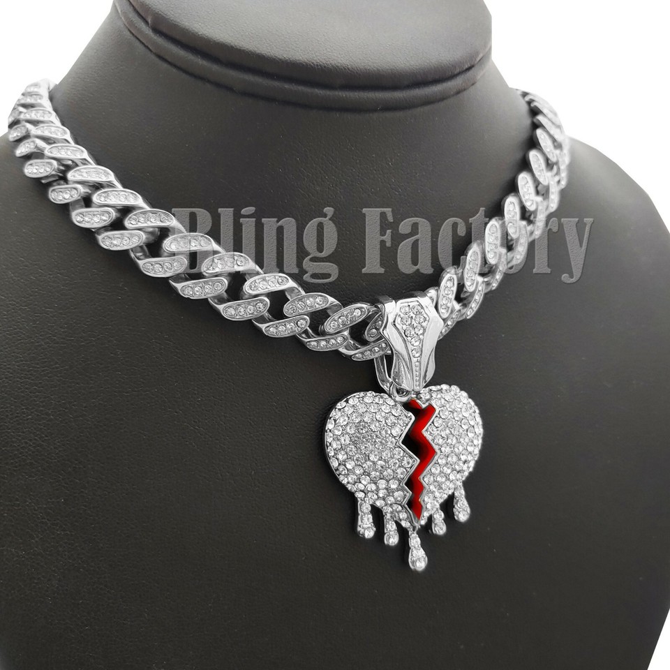 Silver Plated Alloy Drip Broken Heart Iced Cubic Zirconia Cuban Chain ...