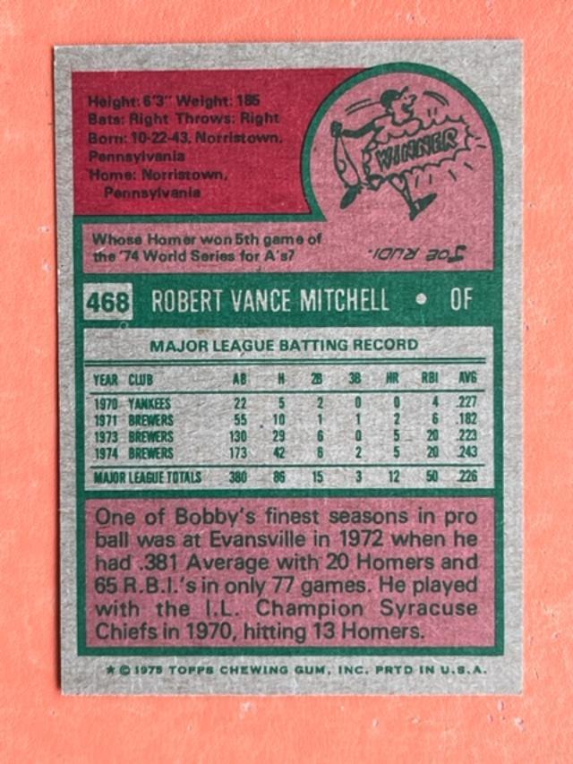 1975 Topps #468 Bobby Mitchell Brewers NR/MINT SHIPS FREE IN NEW TOP ...