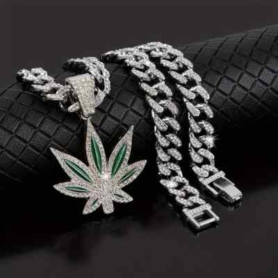 Iced Marijuana Weed Leaf pendant & 12mm 20" Cuban Cubic Zirconia Chain ...