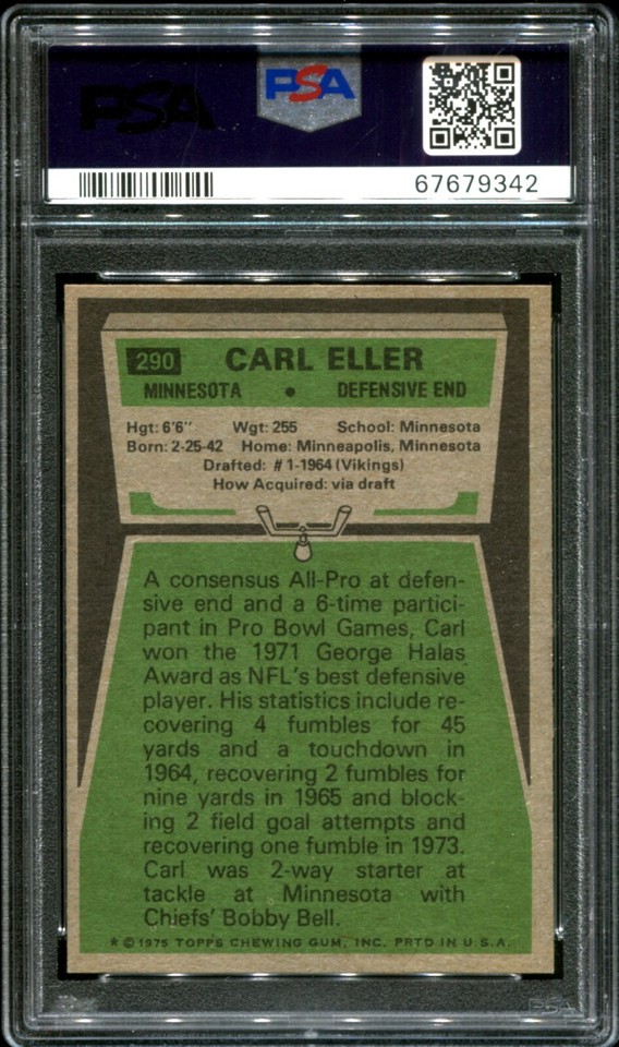 1975 Topps #290 CARL ELLER MINNESOTA VIKINGS HOF PSA 9 MINT | eBay