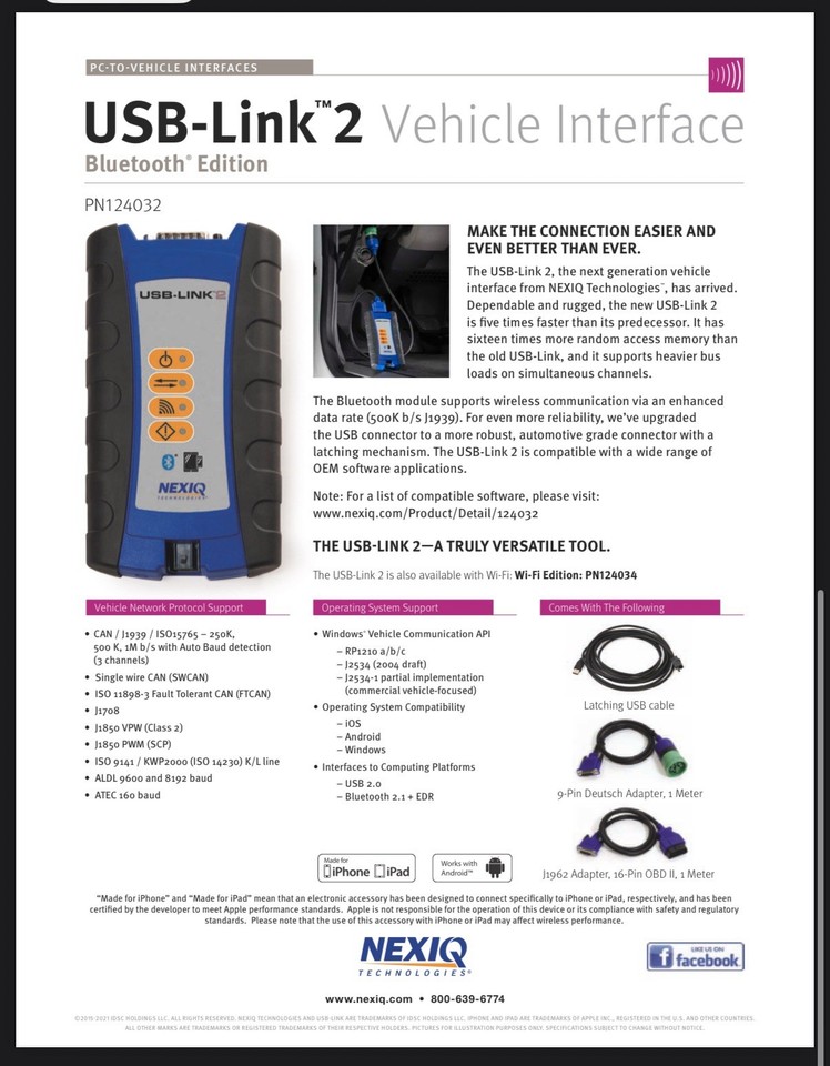 NEXIQ USB Link 2 Model 124032 Bluetooth PC to Vehicle Heavy Duty Truck ...