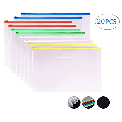 20x PASTEL PLASTIC ZIPPY BAGS A5 SIZE FILE STORAGE DOCUMENT ART SCHOOL ...