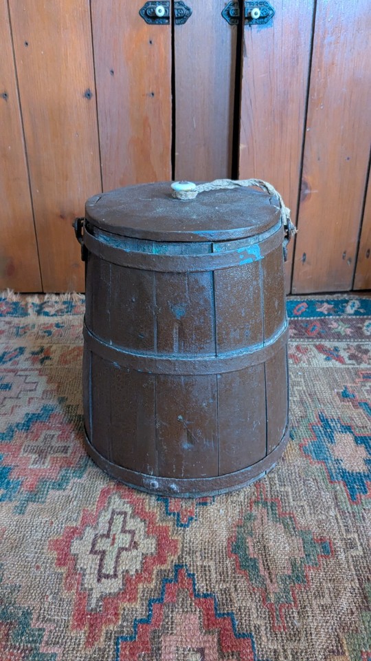 Antique Early Primitive Wood Piggin Storage Firkin Bucket w/ Lid Old ...