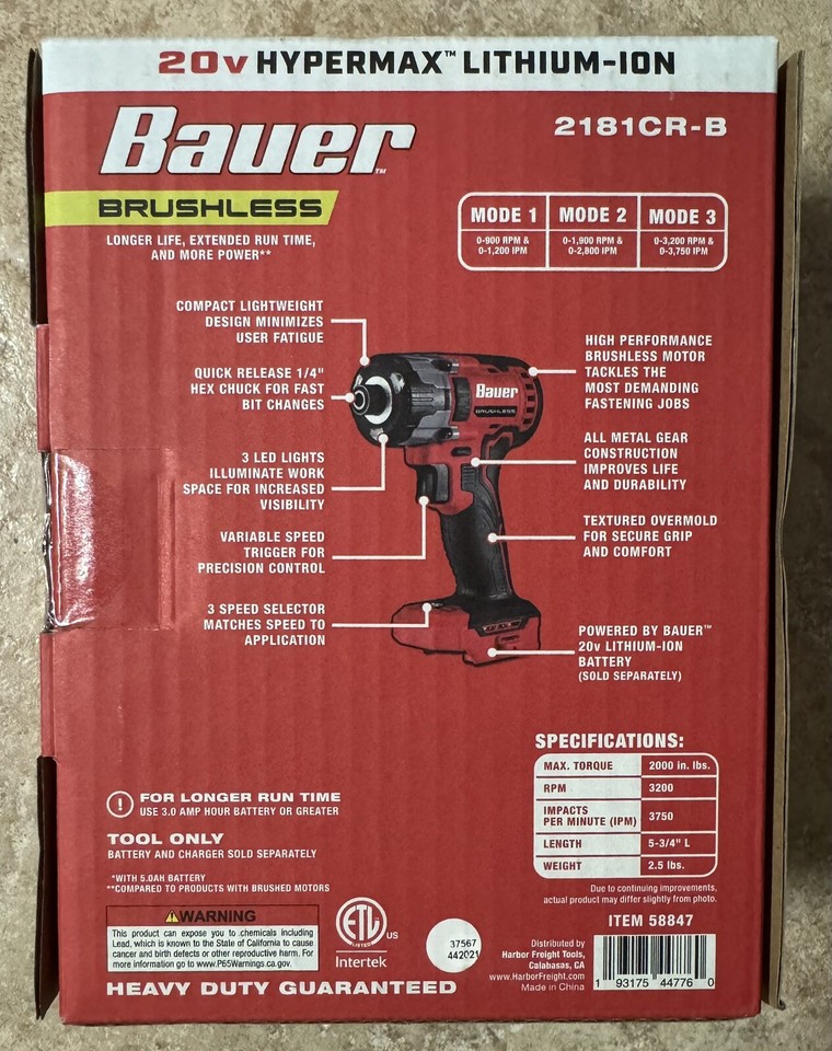 Bauer 20V Brushless 3 Speed 1/4" Impact Driver - Tool Only - Item ...
