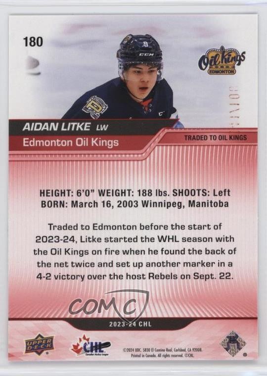 2023-24 Upper Deck CHL Exclusives 57/100 Aidan Litke #180 h8y | eBay