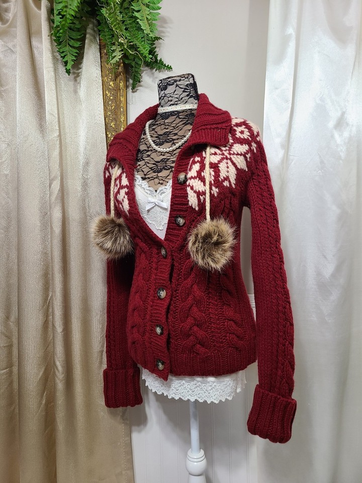 Y2K ♡ Abercrombie Red Fair Isle Wool Cashmere W/ Sweater Fur Pompoms | eBay