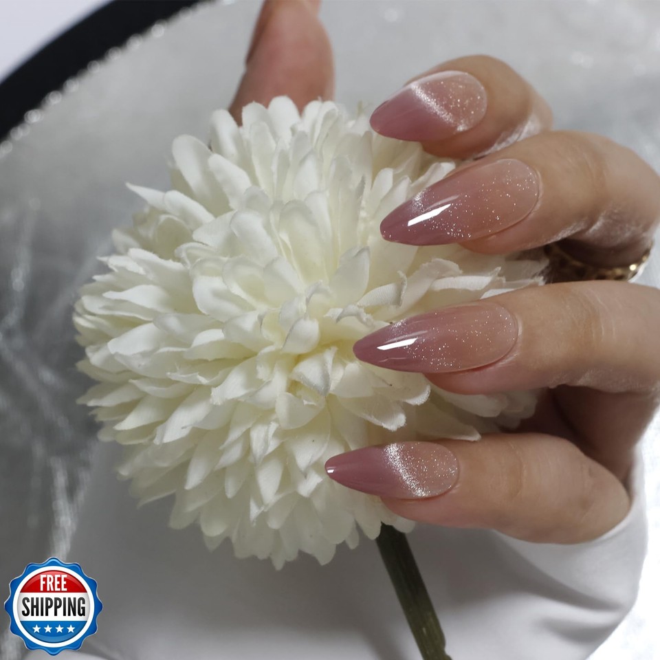 YOSOMMK Pink Cat Eye Press on Nails Almond Shaped Medium Acrylic Nails ...