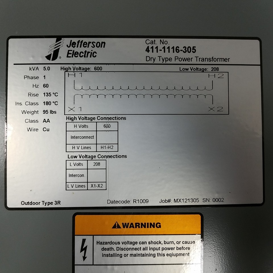 Jefferson Electric 411-1116-305 Dry Type Power Transformer, Single ...