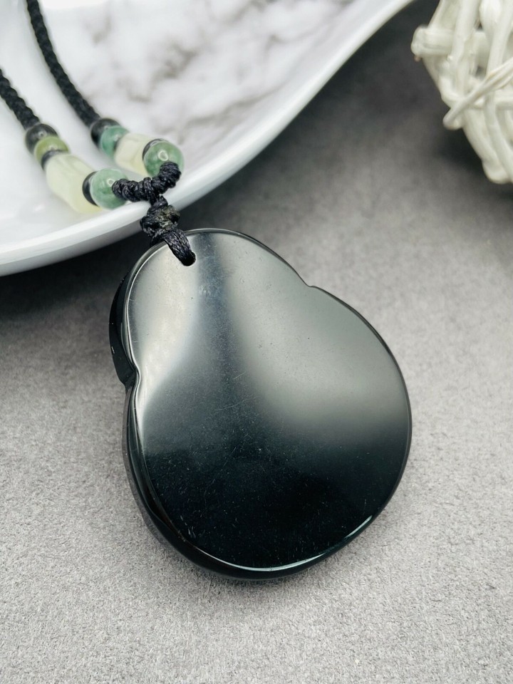 Jade Obsidian Buddha Charm Pendant Necklace Beads Cord Handmade Carved ...