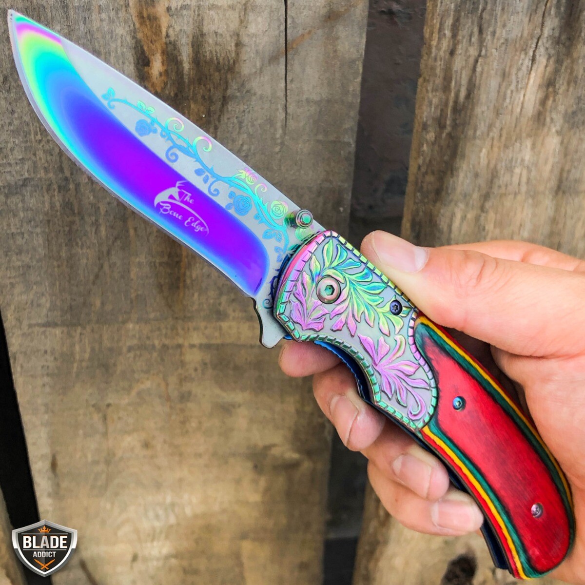 8.25" Tactical Rainbow Blade Pakkawood Spring Open Assisted Folding ...