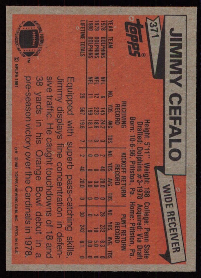 1981 Topps Jimmy Cefalo Miami Dolphins #371 | eBay