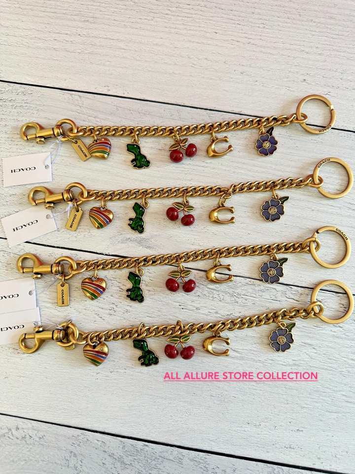 NWT Coach Motif Chain Bag Charm Rexy Tea Rose Cherries Heart Brass ...