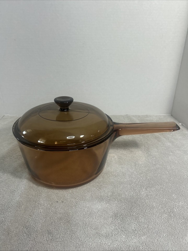 Visions Ware Corning Glass Sauce Pan Pot 1.5 L Amber Cookware USA Pyrex ...