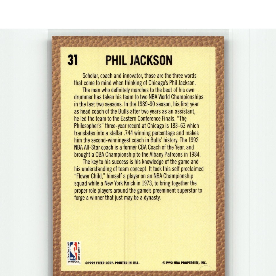 1992 Fleer Coa Basketball #31 Phil Jackson HOF Chicago Bulls HOF | eBay