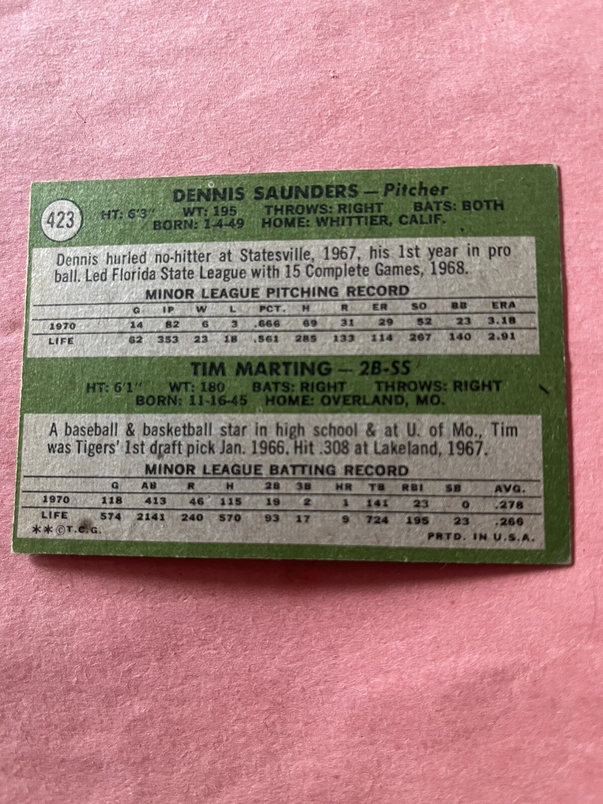 1971 Topps #423 Tigers Rookie Stars Dennis Saunders, Tim Marting ...