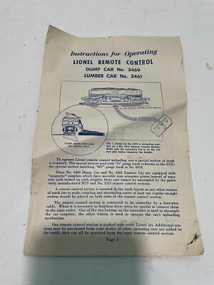 B5 Original 1952 Lionel Remote Control Dump Car 3469 3461 Instruction ...