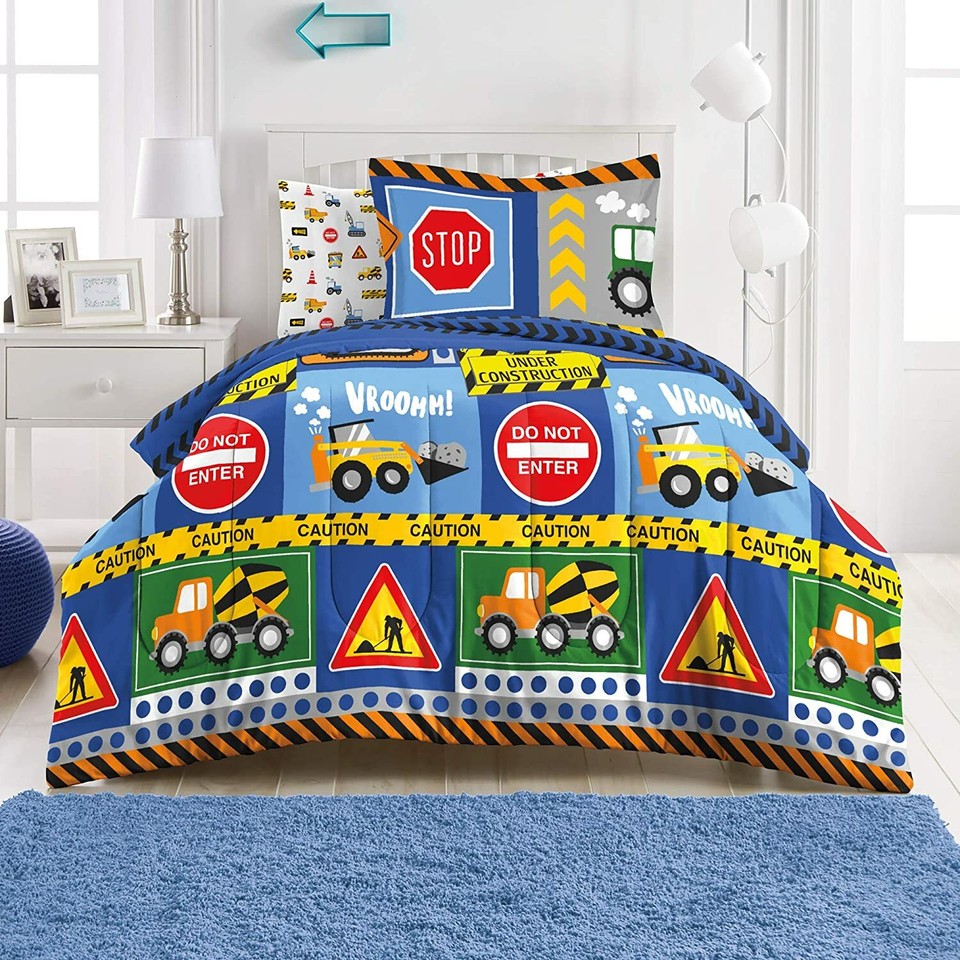 Twin Full Bed Bag Construction Trucks Street Signs Track 7pc Comforter ...