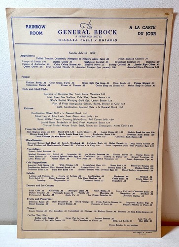 1950 General Brock, Sheraton Hotel restaurant food dinner menu Niagara ...
