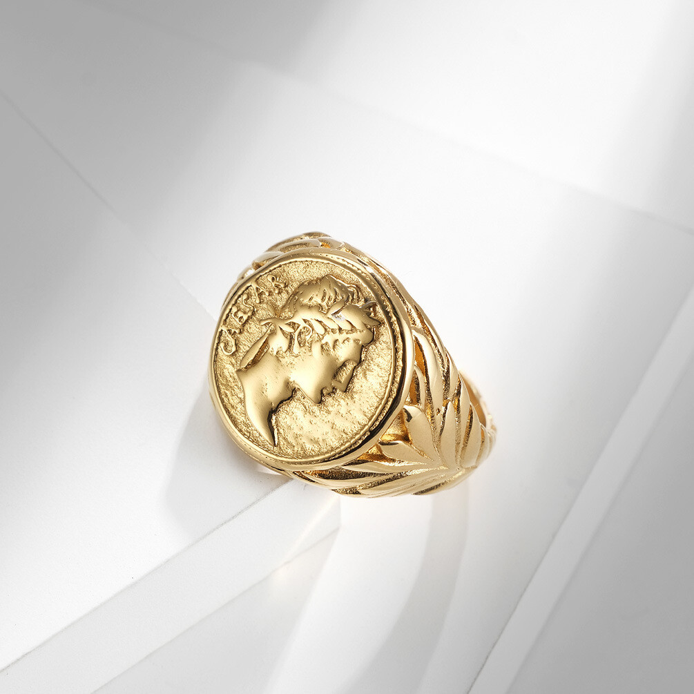 ROMAN EMPIRE KING CAESAR RING STAINLESS STEEL GOLD PLATED SOLID BACK ...
