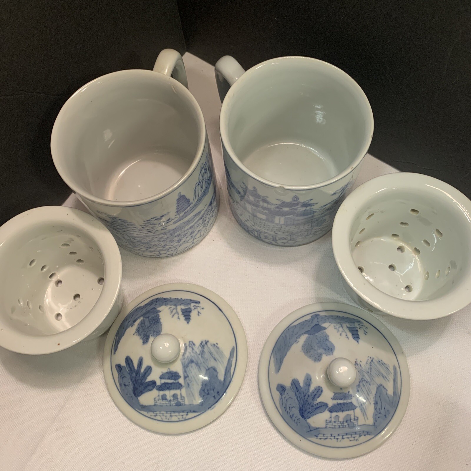 Two Matching Pier One China Tea Mug Lid Infuser Sets Porcelain Blue ...