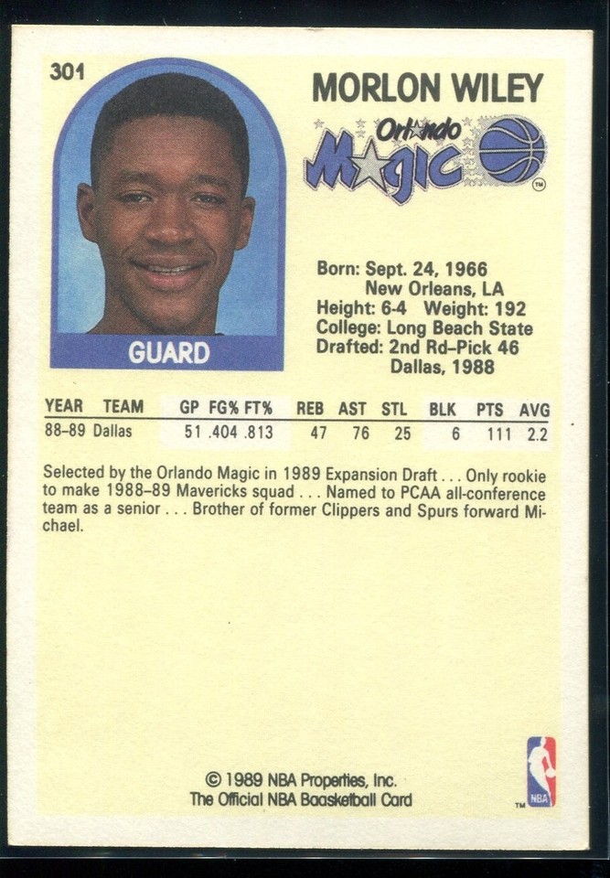 1989 NBA Hoops Basketball Morlon Wiley #301 Orlando Magic | eBay