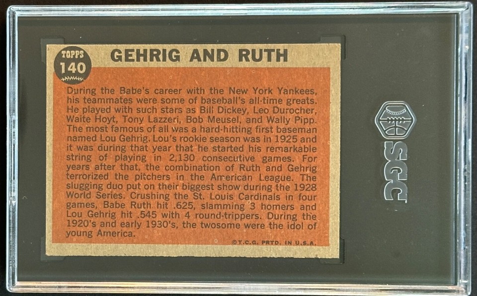1962 BABE RUTH Special Baseball Card - GEHRIG & RUTH - Topps #140 - SGC ...